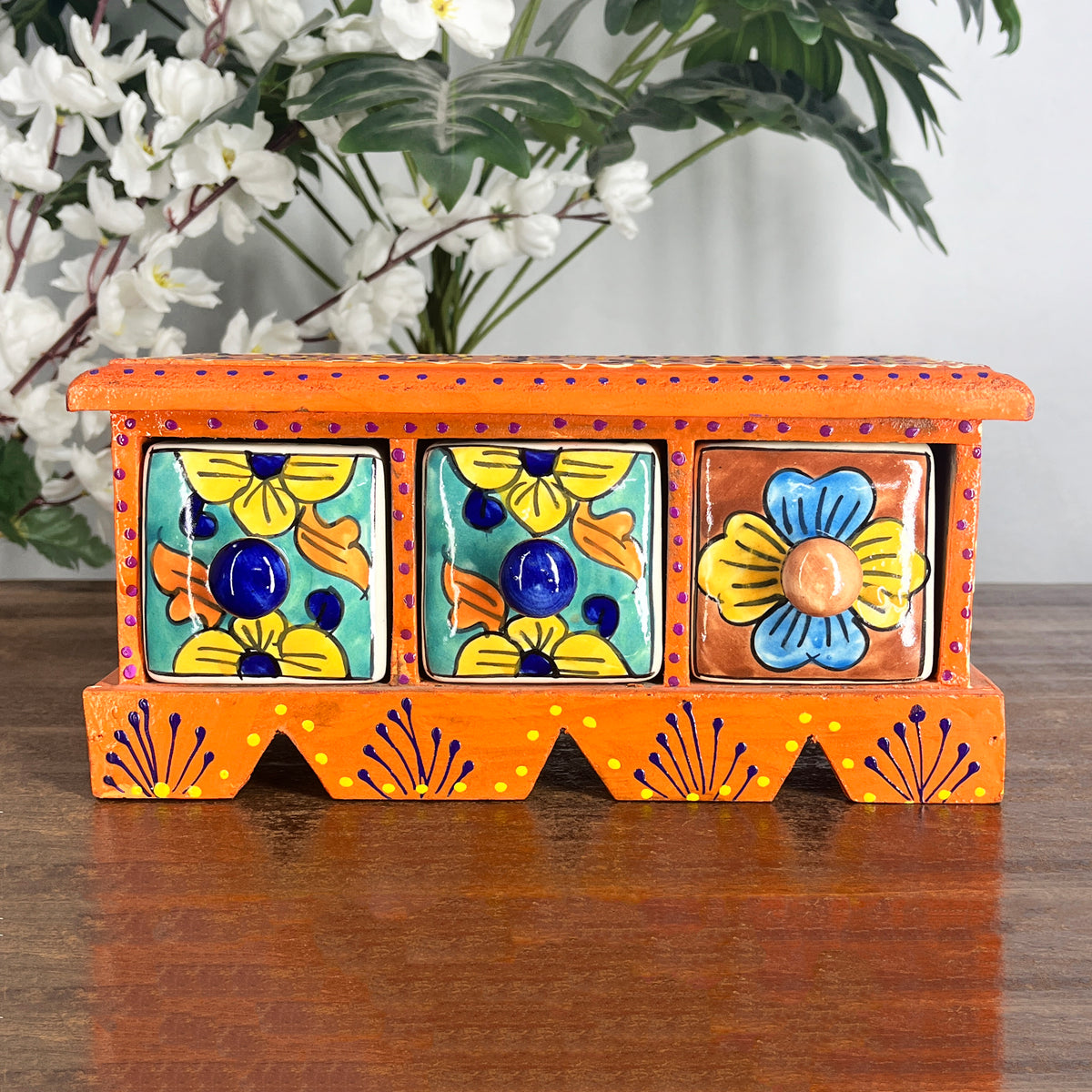 Buy Handcrafted Orange Color Wooden Ceramic Drawer Storage Box Online ...