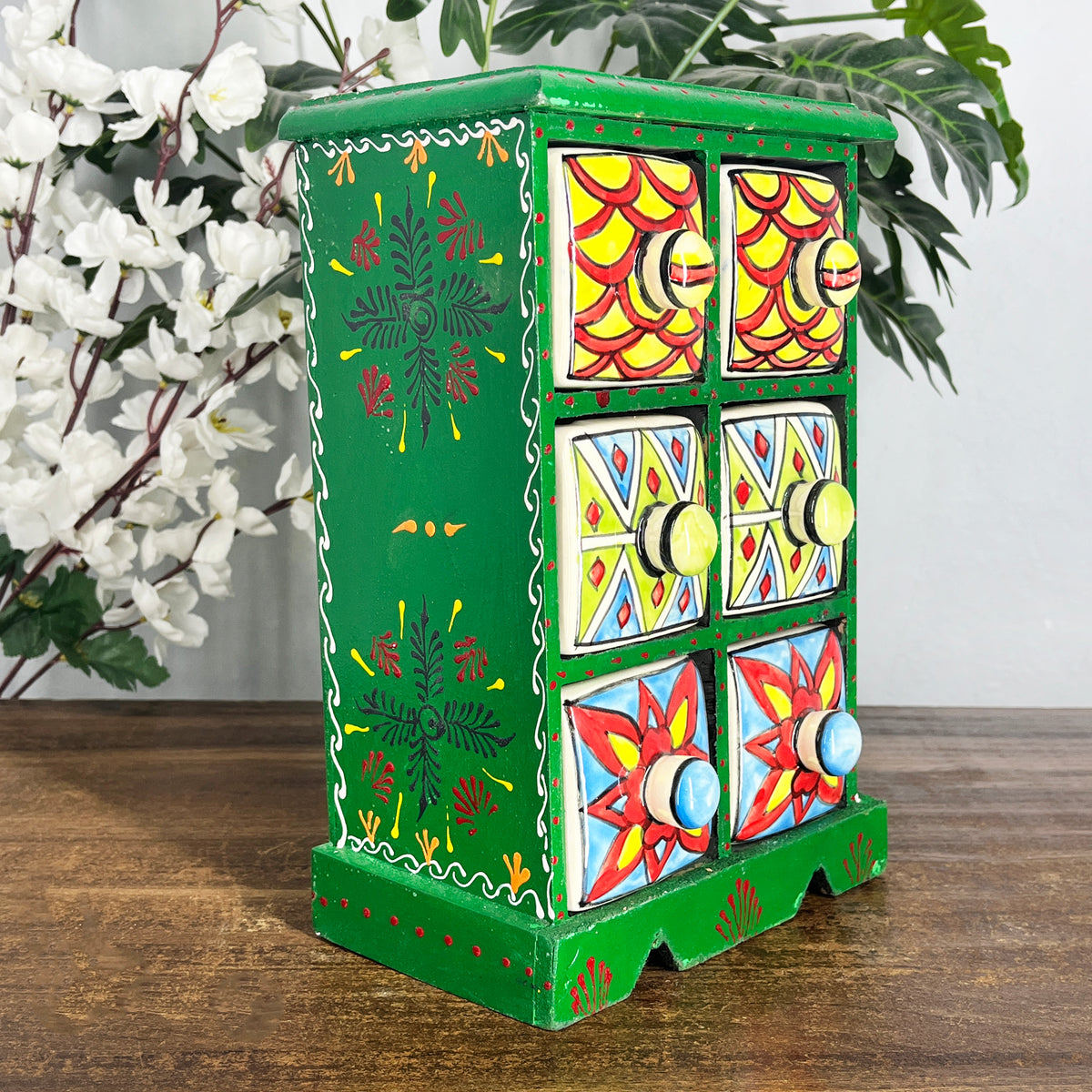 Hand-Painted Rajasthani 6-Drawer Mini Chest with Scalloped & Floral Ce ...